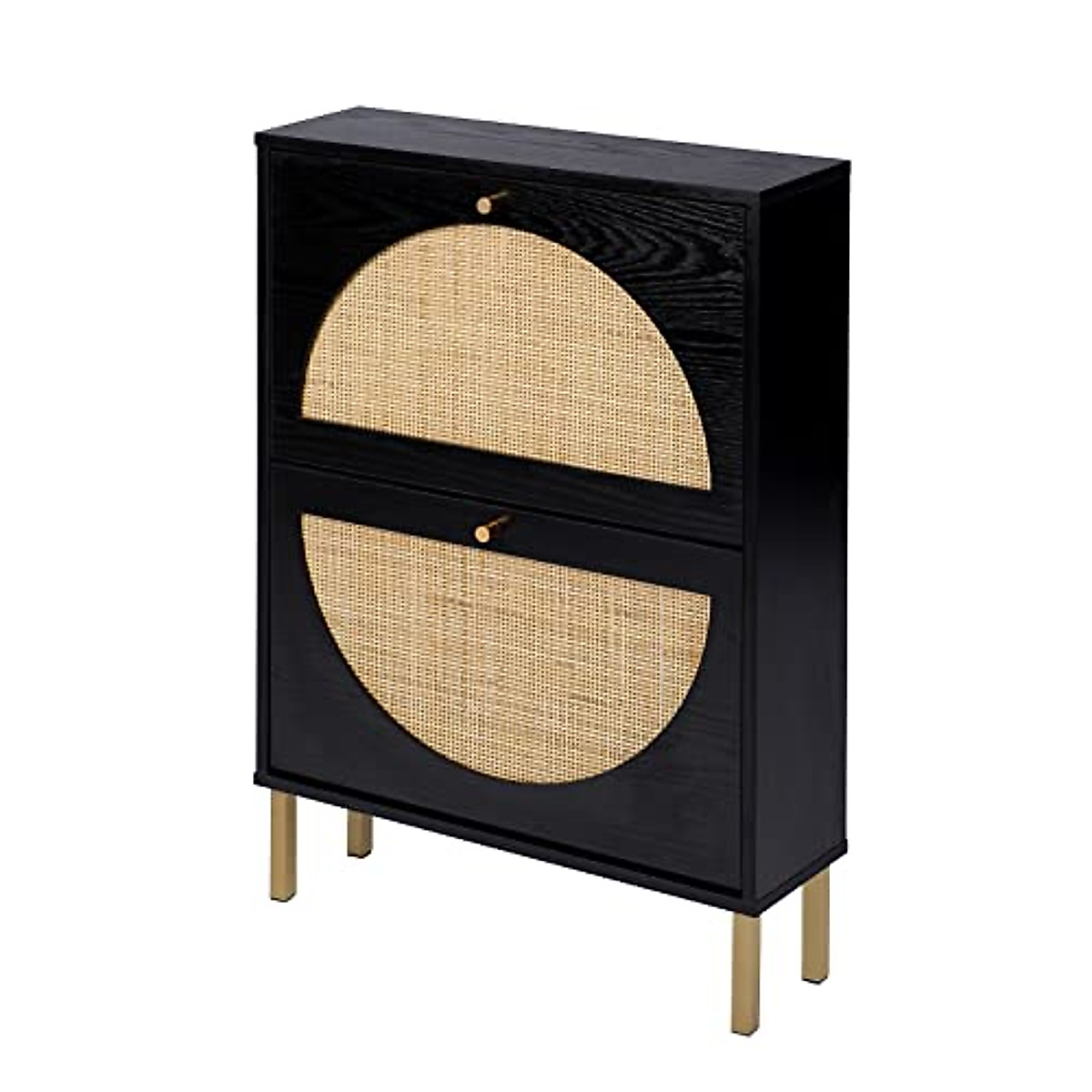 Rattan 2-Drawer Shoe Cabinet Modern Freestanding Shoe Rack Organizer Wooden Entryway Narrow Shoe Storage Cabinet w/Natural Rattan Flip Doors for Closet Hallway Small Space(1 Pack-Black)