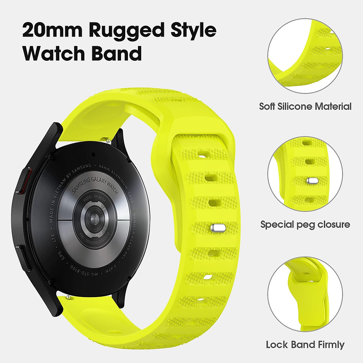 Rugged Bands Compatible with Samsung Galaxy Watch 5 Band 40mm 44mm, Galaxy Watch 5 Pro Band 45mm, 20mm Soft Silicone Sport Replacement Strap for Women Men, Lime