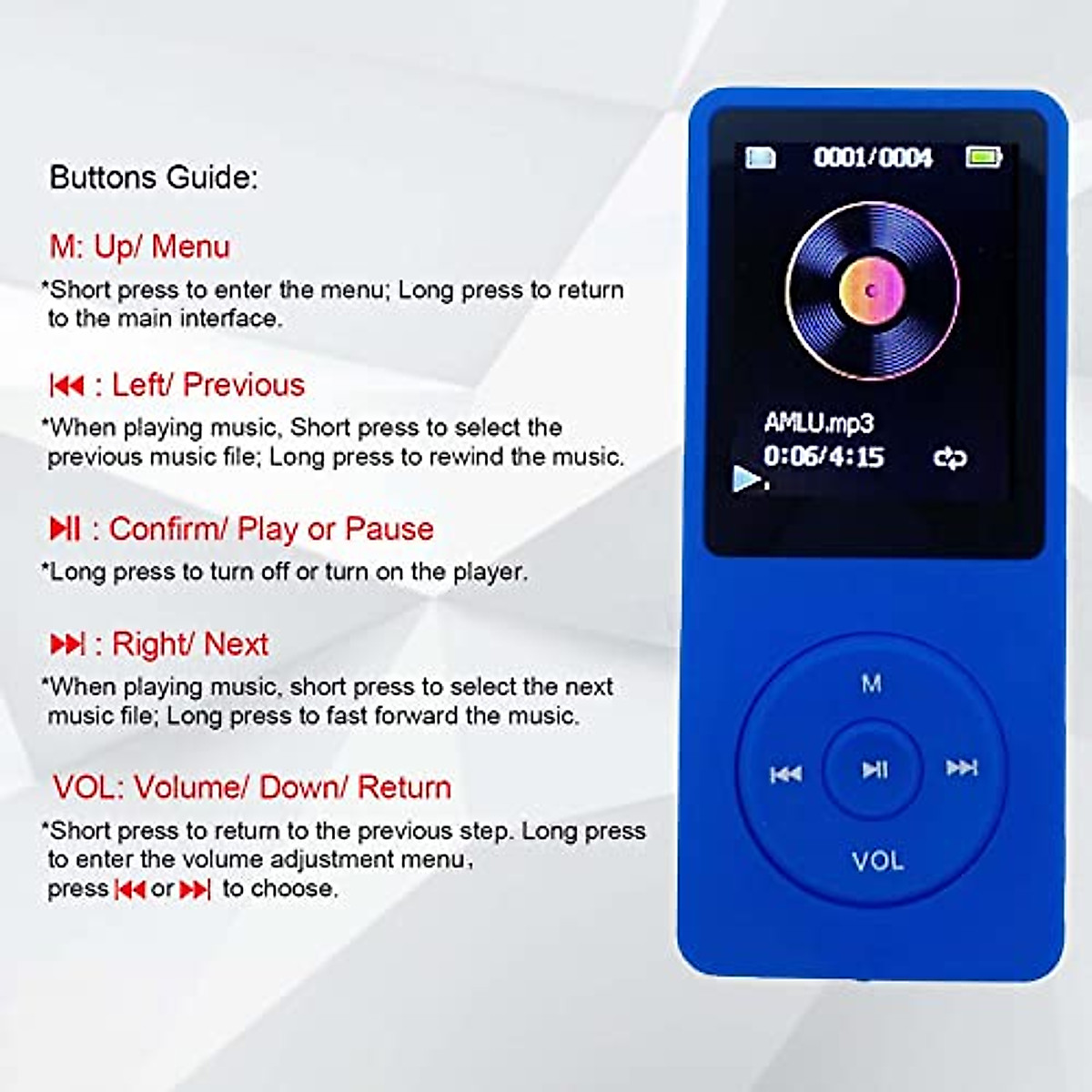 MP3 Player 32GB with Speaker FM Radio Earphone Portable Mini Blue Music Player Voice Recorder E-Book 1.8 inch HD Screen Support up to 128GB