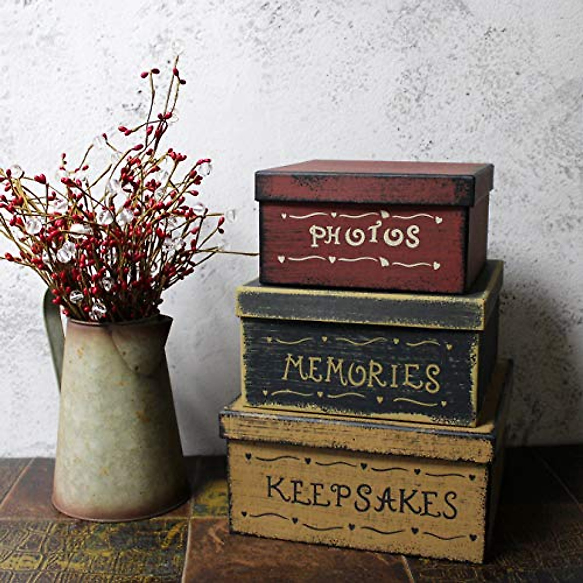 CVHOMEDECO. Primitive Vintage Square Photos, Memories, Keepsakes Cardboard Nesting Boxes, Large 9 X 9 X 4-1/2 Inch. Set of 3.