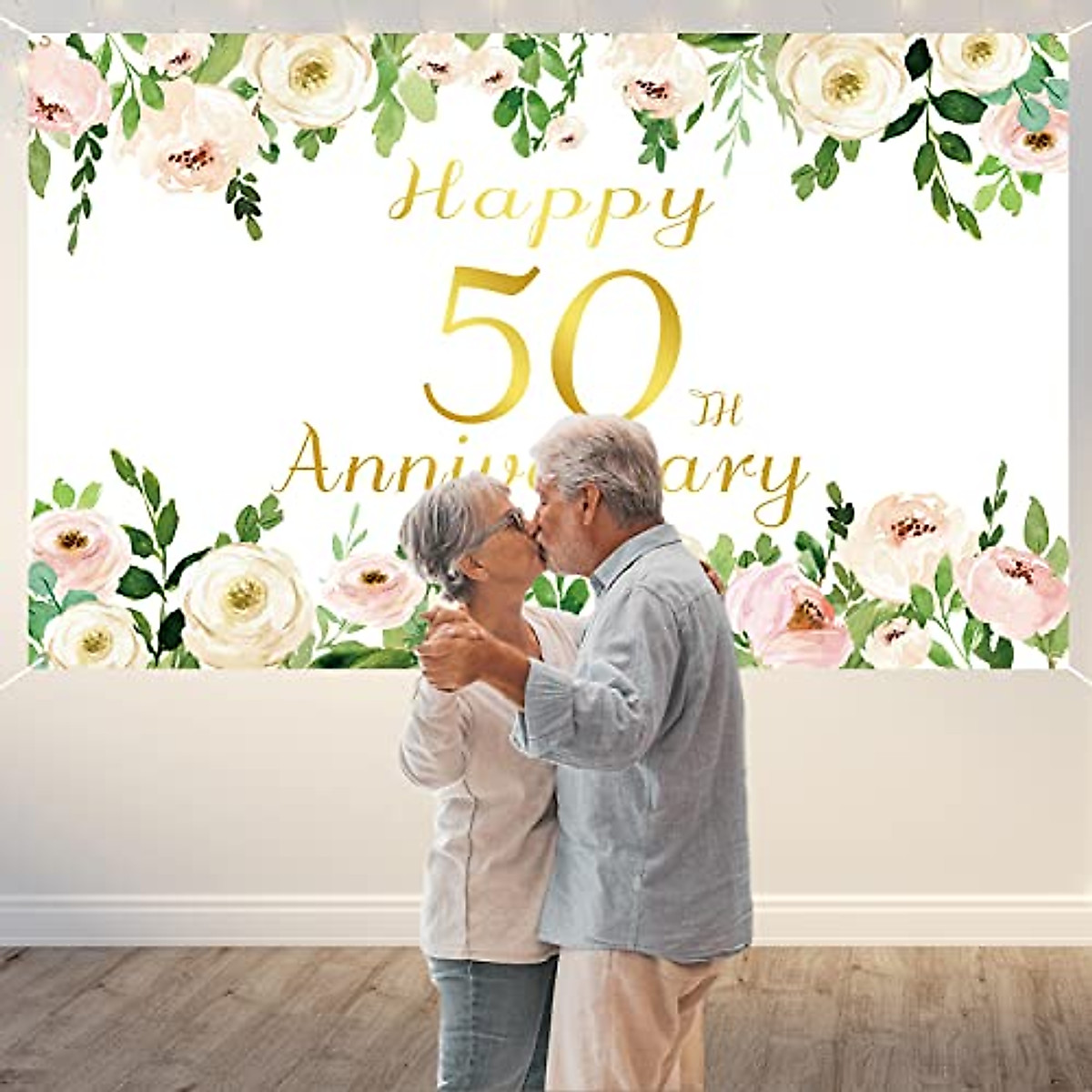 Vlipoeasn Elegant White 50th Wedding Anniversary Decorations Rose Gold Flower Peony 50th Anniversary Photography Backdrop for Couple Surprise for Parents Cheers to 50 Years Wedding Supplies