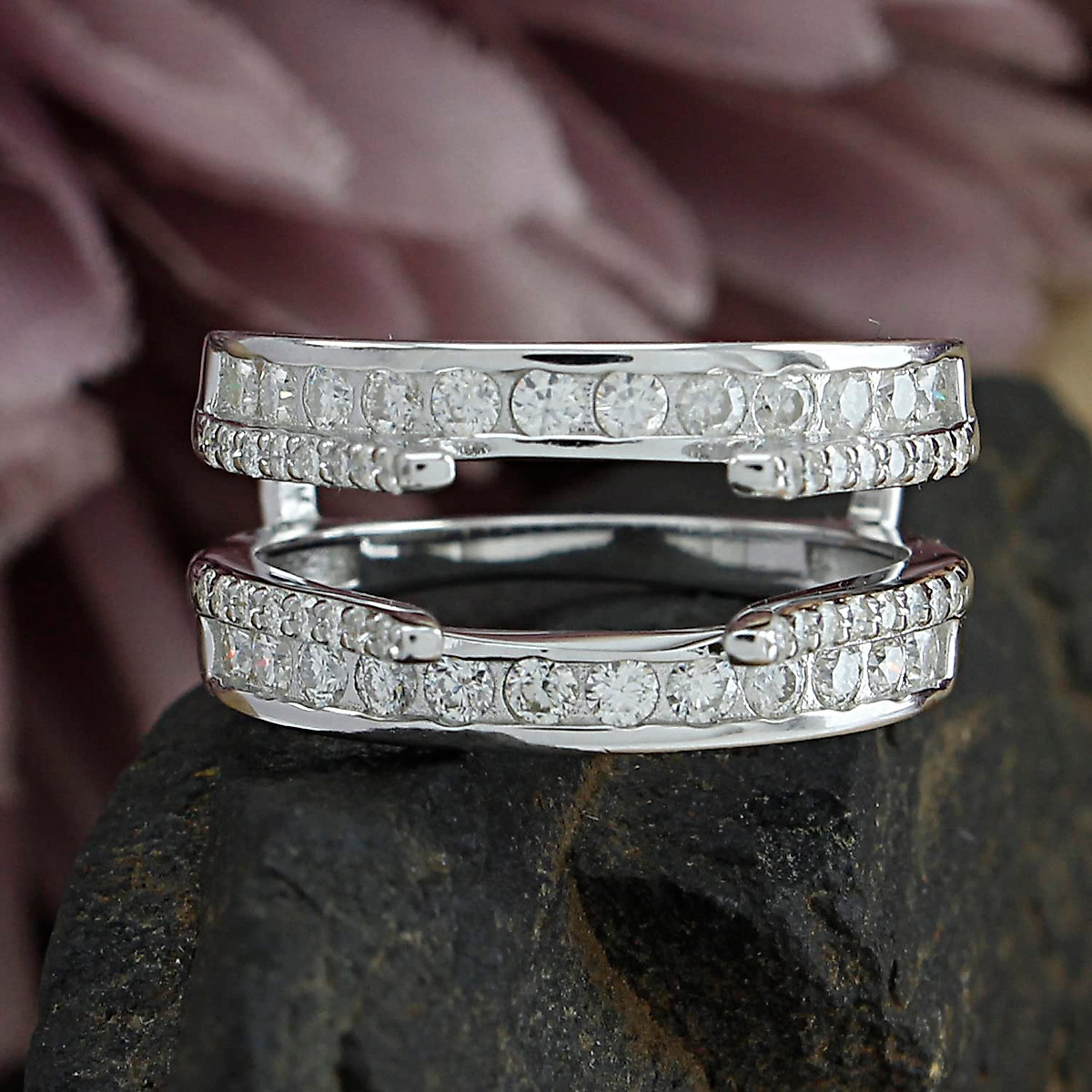 SAVEARTH DIAMONDS 1CT Round Lab Created Moissanite Diamond Combination Cathedral & Classic Enhancer Ring Guard In 14K White Gold Over Sterling Silver (1Cttw)-6