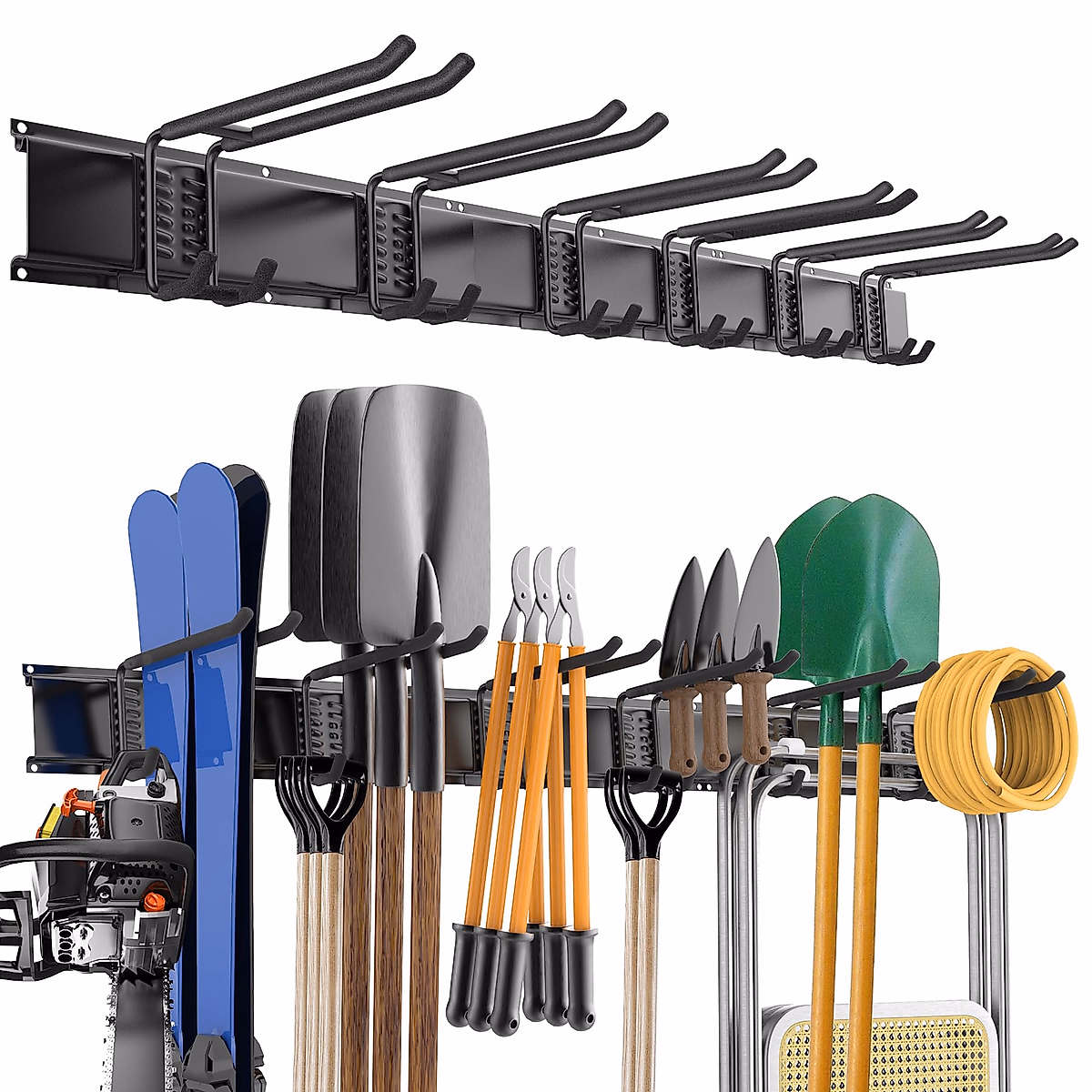 LIHUYAS Garden Tool Organizer Wall Mount Garage Storage Rack 9Pcs, Heavy Duty Tool Garage Organization System for Shovels, Ladders, Chairs,Trimmers, Hoses, Hold Up to 420lbs