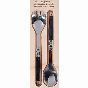 Jean Dubost Salad Servers, Black Handles - Rust-Resistant Stainless Steel - Includes Wooden Tray - Made in France