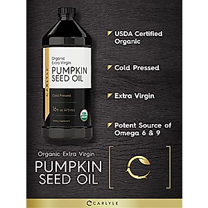 Carlyle Pumpkin Seed Oil 16oz Organic Cold Pressed | Extra Virgin | Vegetarian, Non-GMO, Gluten Free | Safe for Cooking | Great for Hair and Face