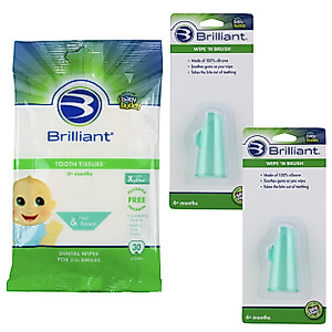 Brilliant Wipe N Brush -2 Silicone Toothbrushes and 30 ct. Tooth Tissues - Xylitol Dental Wipe, Infants Mouth Cleaner, 4-16 Months Old, Infant Oral Cleaning Products, Baby Registry Must Haves, Pink