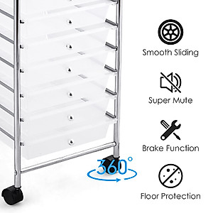 GOFLAME Rolling Drawer Cart with 10 Drawers, Utility Storage Organizer Cart with Wheels and Metal Frame, Art Cart for Office, School, Home, Clear
