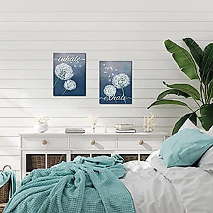 AtGoWac Blue and White Flower Canvas Wall Art Bathroom Decor Pictures Inhale Exhale Quote Prints Spa Room Yoga Decor Dandelion Flower Painting Framed Canvas Print Ready to Hang (12"x16"x2 Panels)