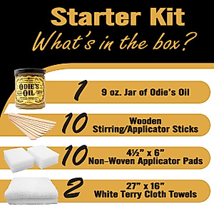 ODIE'S Oil Starter Kit Oil 9 Ounce Jar •10 Non-Woven White Applicator Pads •2 Terry Cloth Buffing Towels and 10 Wooden Stirring Sticks