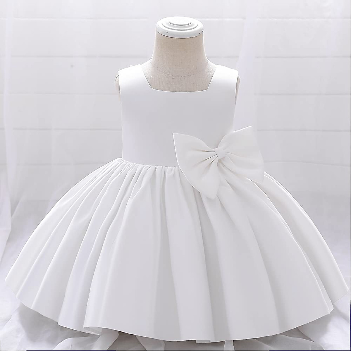 Flower Girls Bowknot Tutu Dress for Kids Baby Wedding Bridesmaid Birthday Party Pageant Formal Dresses Toddler Little Princess First Communion Baptism Christening Dance Prom Gown White 2-3 Years