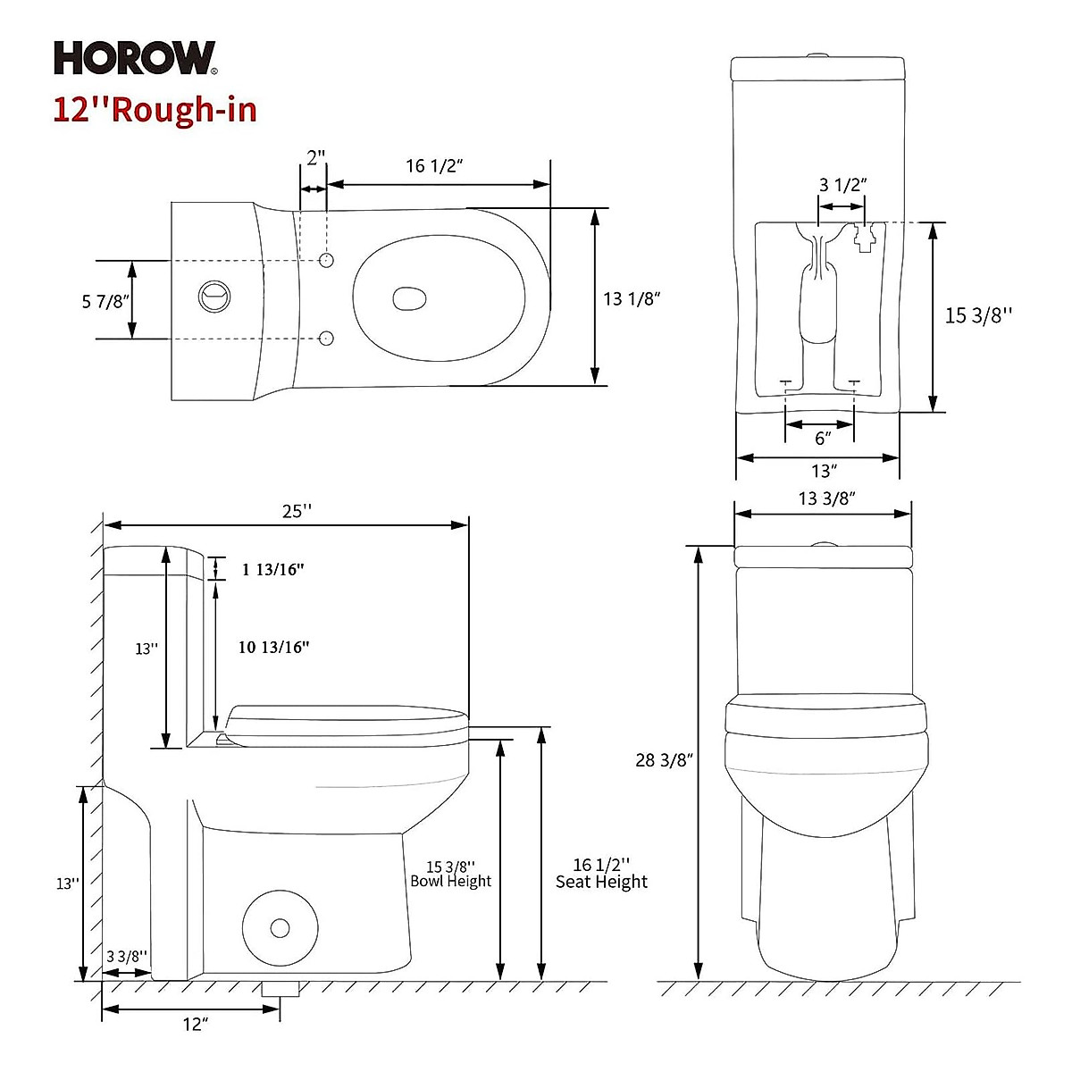 HOROW HWMT-8733 Small Compact One Piece Toilet For Bathroom, Powerful & Quiet Dual Flush Modern Toilet, 12'' Rough-In Toilet & Soft Closing Seat Include, 25"D x 13.4"W x 28.4"H, White