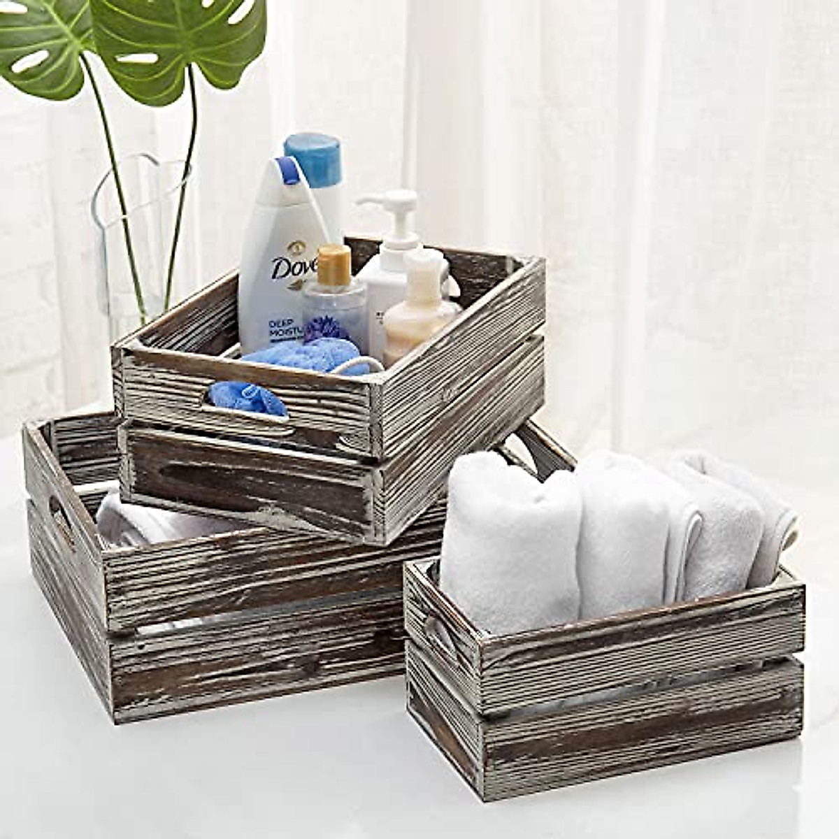 MyGift Country Rustic Torched Wood Storage Decorative Box, Nesting Wooden Crate Box Container, Set of 3