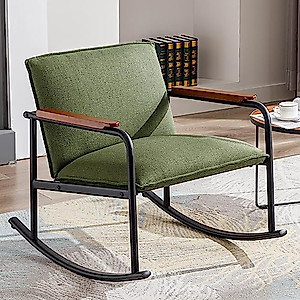 DUOMAY Modern Accent Rocking Chair Set of 2, Mid Century Upholstered Glider Rocker Armchair with Metal Base Linen Fabric Nursery Glider Chair with Wooden Grips for Living Room Bedroom, Green