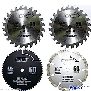 Pack of 4 Assorted Metal/wood 4-1/2" 4.5 inch Circular Saw Blade for Rockwell Compact Rk3441k , Worx WX429L RW9281 RW9282 Rw9283