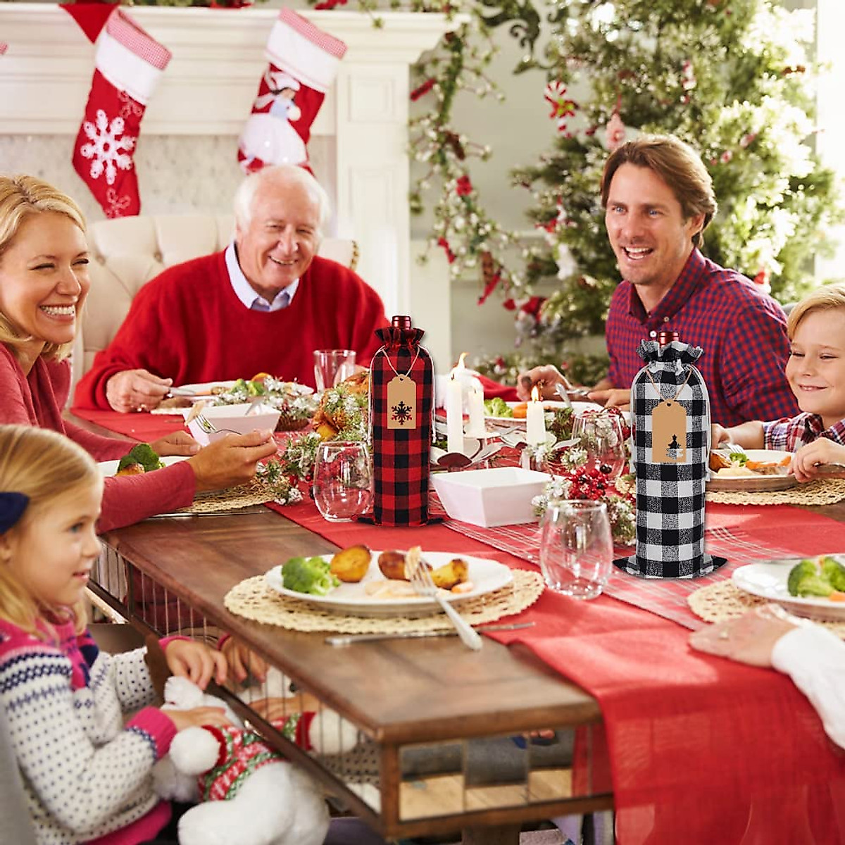DULEFUN 12pcs Christmas Wine Bags, Christmas Wine Burlap Bags Buffalo Plaid Wine Bags Reusable Xmas Wine Bottle Clothes Covers for Christmas Wedding New Year Holiday Party Decor