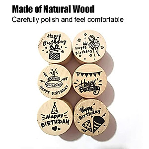 JZTang 6 Pcs Wooden Stamps Set Round Wooden Rubber Stamps for Card Making Happy Birthday Pattern Rubber Stamp for DIY Craft Card and Scrapbooking (Happy Birthday Stamps)