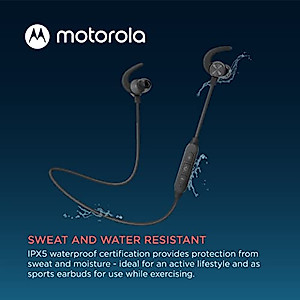 Motorola Bluetooth Sport Neckband SP105 In-Ear Wireless Headphones with Mic for Clear Phone Calls - IPX5 Sweat Resistant, Light Tangle-Free Design for Active Lifestyle, Ear Fins for Secure Fit - Black