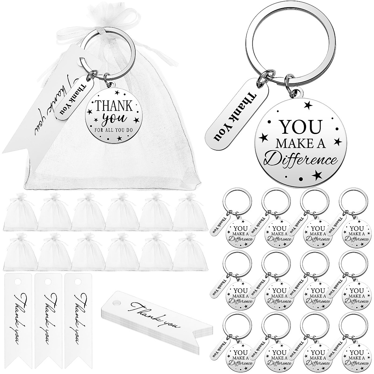 Huquary 48 Pcs Employee Appreciation Gifts Bulk Thank You Keychains for Coworkers with Organza Bags and Thank You Cards for Teams Staff Office Volunteers Appreciation Keychain(Silver)