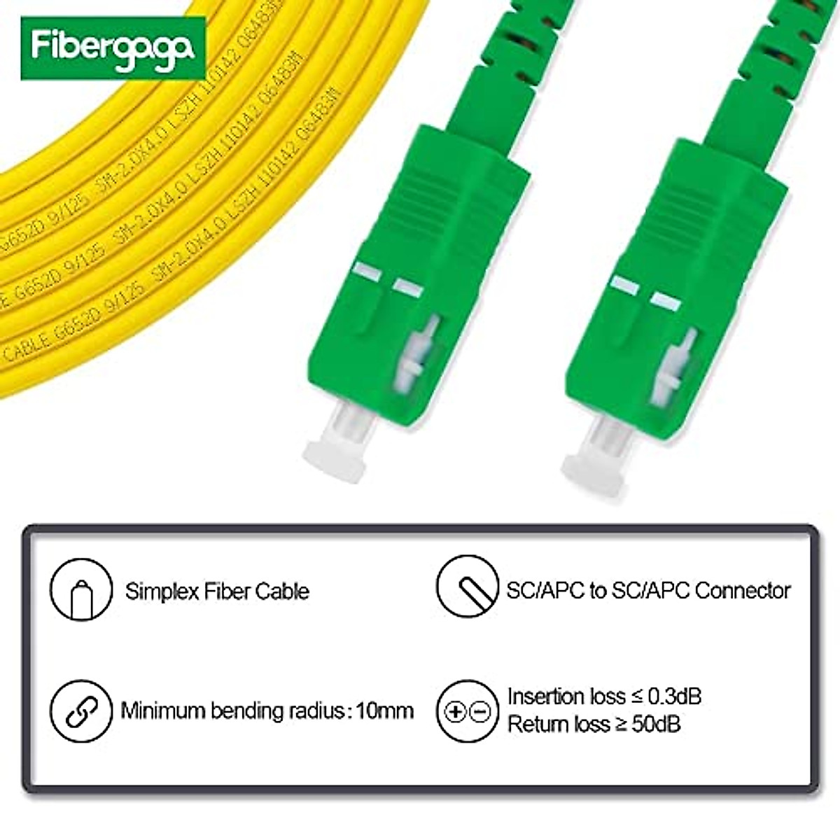 Fibergaga 2m(7ft) OS2 SC/APC to SC/APC Fiber Patch Cable Single Mode Fiber, Simplex, Length Option: 0.5M(1.6ft)-100m(328ft) 9/125µm Fiber Optic Cable, OS1/OS2 Compatible-1 Pack
