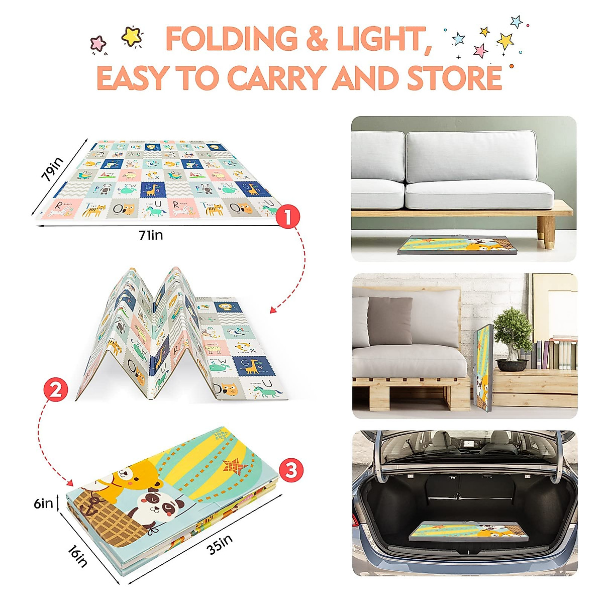 Baby Play Mat, 79 x 71 x 0.4 Inch Folding Baby Crawling Mat, Waterproof Reversible Playmat for Baby Infants Toddlers, Foam Play Mat for Indoor Outdoor Use (Animal Party)