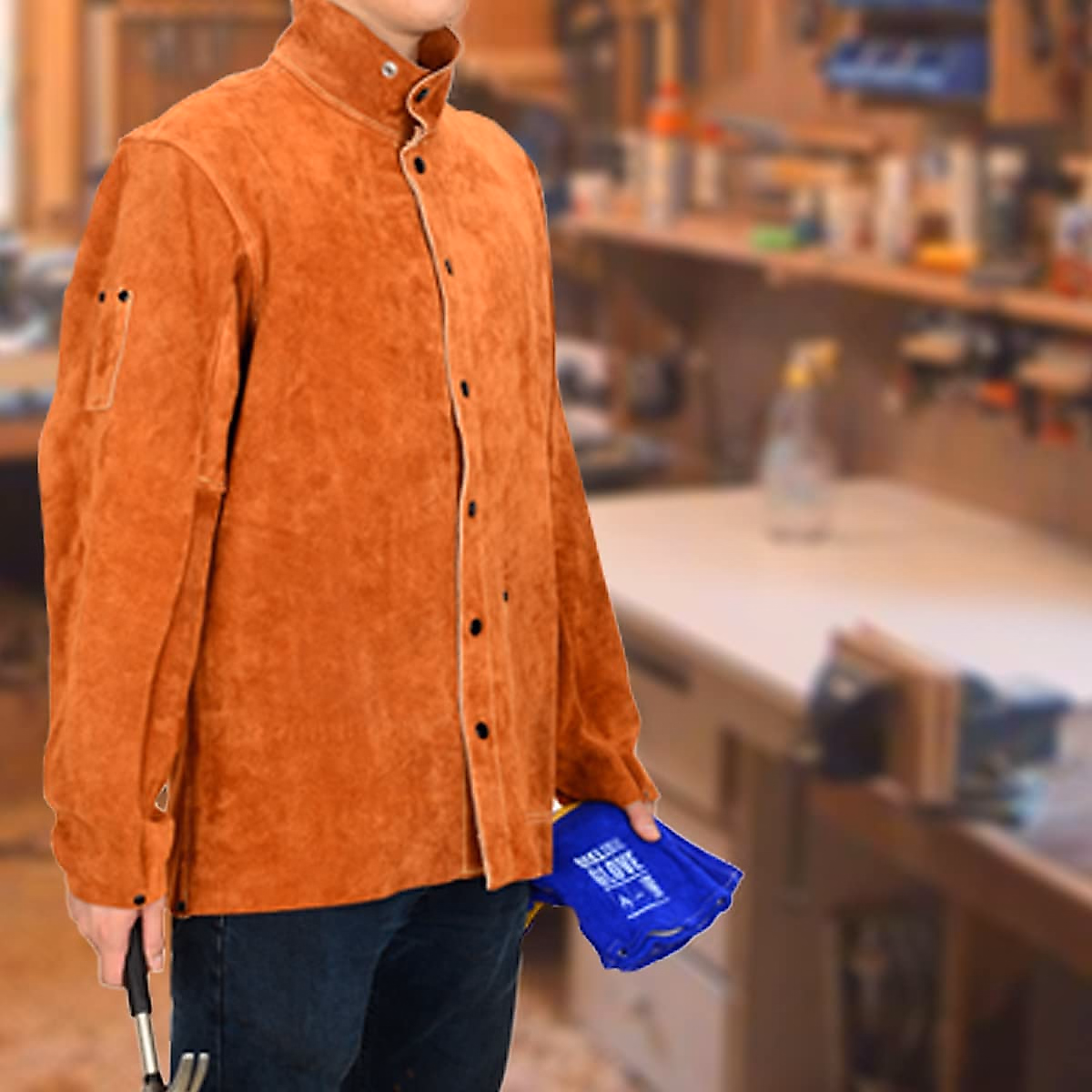 QeeLink Leather Welding Work Jacket Flame-Resistant Heavy Duty Split Cowhide Leather (X-Large)