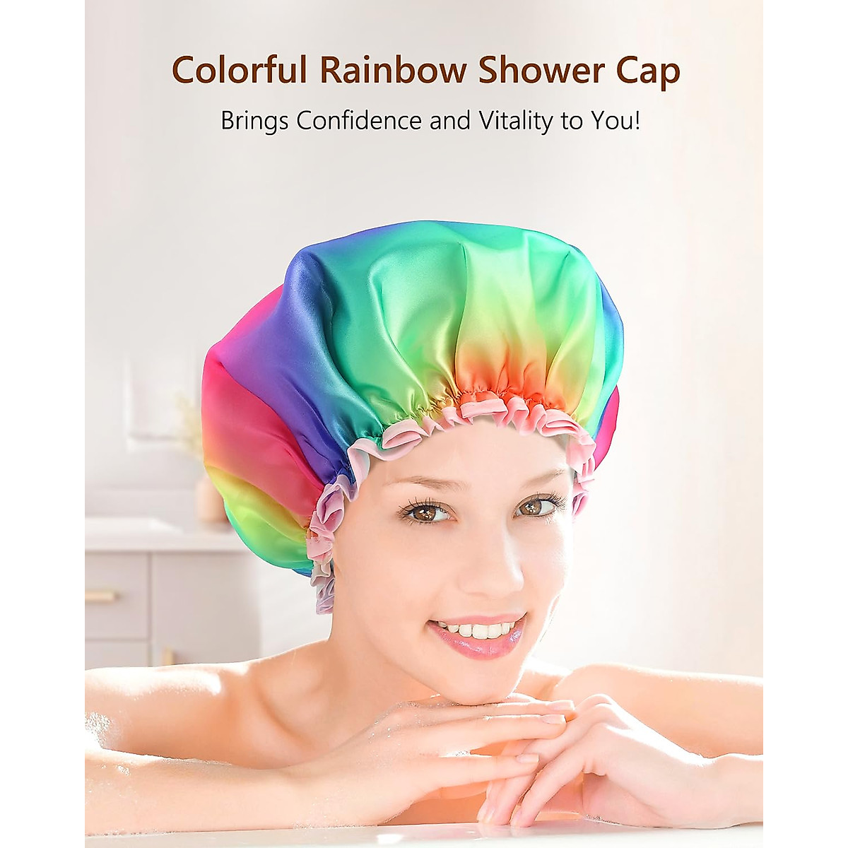 mikimini Shower Cap for Women Long Hair, 2 Pack,Double Layer Waterproof, X-Large, Reusable, Washable, No Smell, Rainbow Fashion Shower Cap