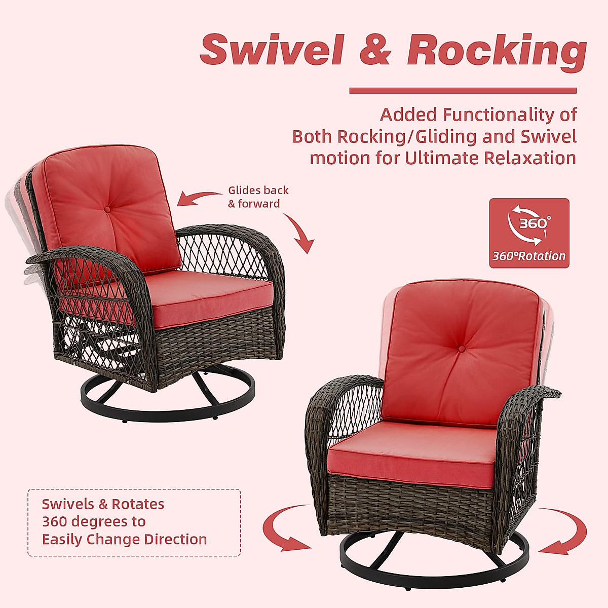 EROMMY 3 Pieces Outdoor Swivel Rocker Patio Chairs, 360 Degree Rocking Patio Conversation Set with Thickened Cushions and Glass Coffee Table for Backyard, Wine Red