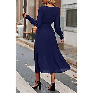 PRETTYGARDEN Women's Floral Print Boho Dress Long Sleeve Wrap V Neck Ruffle Belted A-Line Flowy Maxi Dresses (Solid Navy,X-Large)