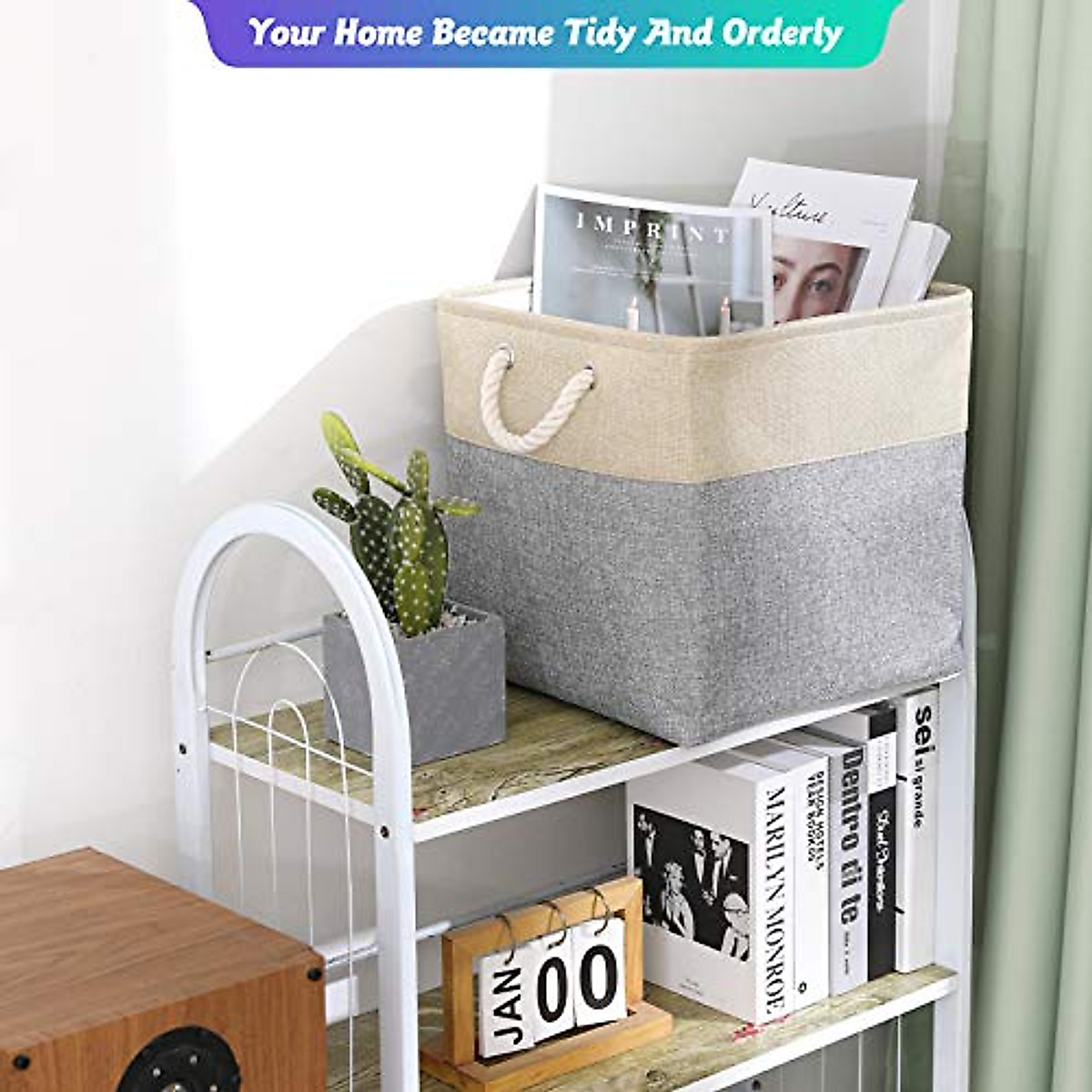 STEPRAGE Storage Bins - Decorative Baskets Foldable Storage Box Cubes with Handles for Organizing Shelf Nursery Home Closet & Office，13(L).13(M) 13(H) - 1Pack, Grey and Beige