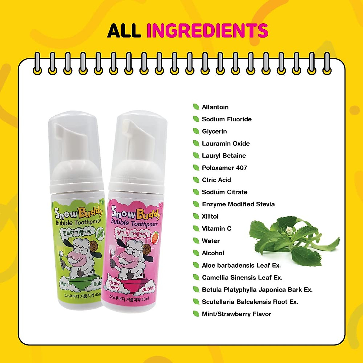 SnowBuddy Foam Toothpaste Kids - Strawberry Flavors - 1 Pack, Anti Cavity with Low-Fluoride, for u-Shape Toothbrush and Mouthwash for Dental Care