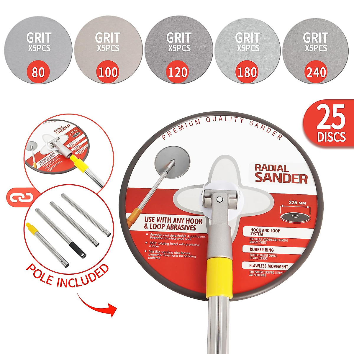 𝙐𝙥𝙜𝙧𝙖𝙙𝙚 Wall Sander for Painting Prep,9 inch Drywall Sander with Extension Pole for Wall Cleaning and Polishing,360 Circular Radial Sander + 25pcs Wall Sanding Discs