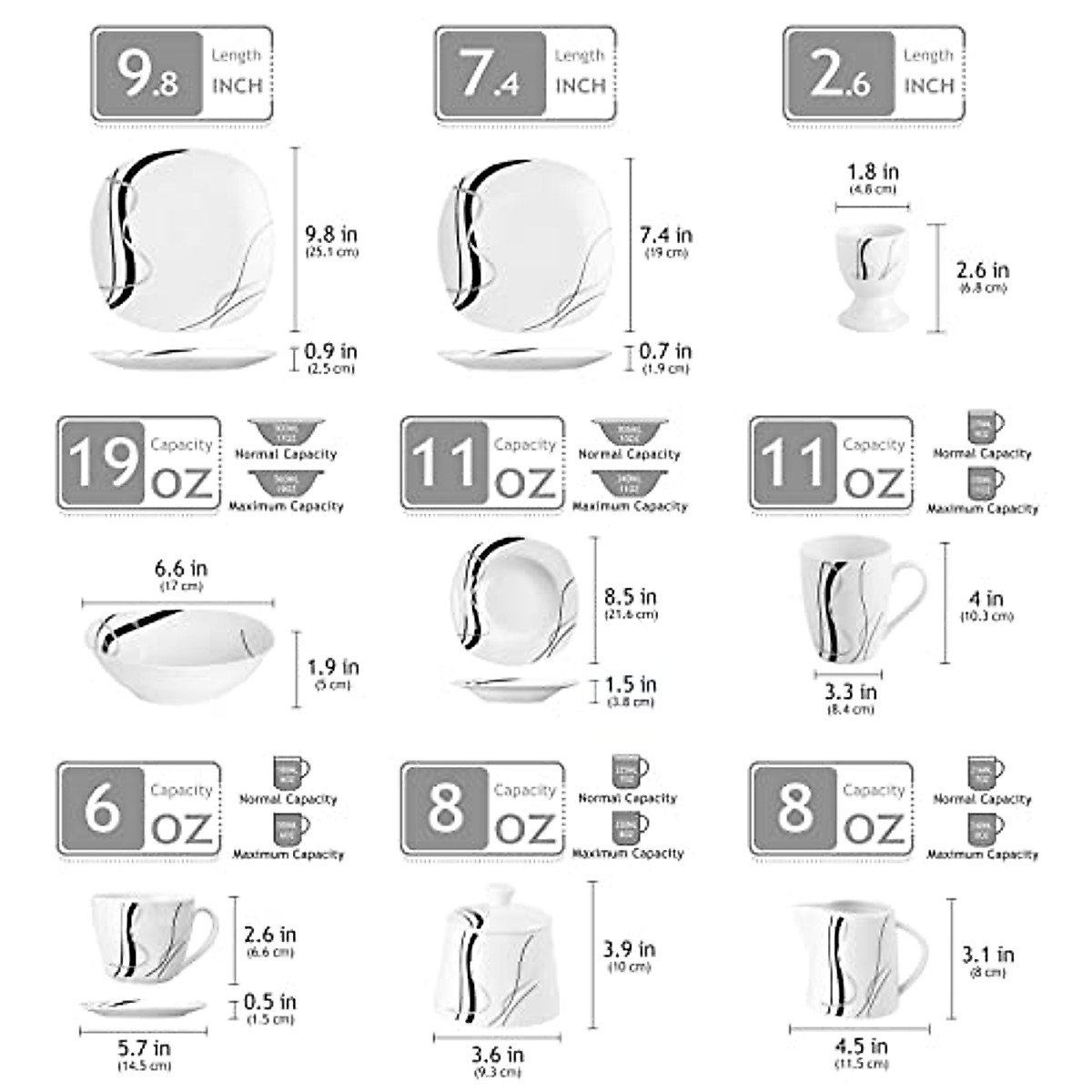 VEWEET, Series Fiona, Dinnerware Sets for 6, 50-Piece Porcelain Dish Set, Including Dinner Plates and Bowls, Mugs, Egg Cups, Cup and Saucer Set, Milk Jug Sugar Pot, Microwave Dishwasher Safe