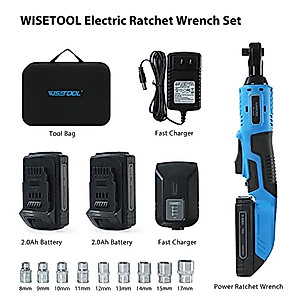 WISETOOL 20V Cordless Electric Ratchet Wrench Set,3/8" Power Ratchet Wrench Kit with 2-Pack 2000mAh Lithium-Ion Batteries,Max Torque 60N.m(44.25 ft-lbs),Variable Speed,9 Sockets and and Tool Bag