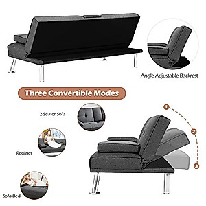 POWERSTONE Futon Sofa Bed Upholstered Modern Convertible Sofa Couch Sleeper with Removable Armrests Cup Holders Living Room Fabric Loveseat 66", Grey