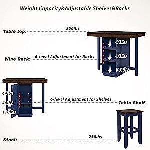Knocbel Farmhouse 4-Person Counter Height Rectangular Dining Table with Adjustable Shelves and Wine Rack, Wooden Kitchen Dining Room Small Space Furniture (Brown and Blue)