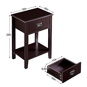 VECELO Nightstands Set of 2 End/Side Tables Living Room Bedroom Bedside, Vintage Accent Furniture Small Space, Solid Wood Legs, One Drawer, Black Walnut