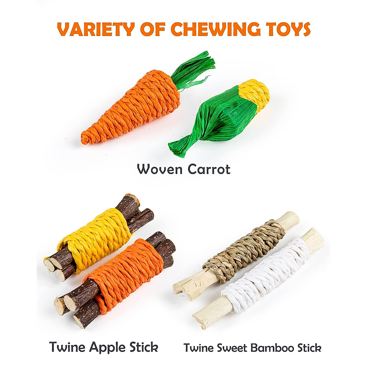 Sofier Rabbit Toys Bunny Toys Guinea Pig Toys 17pcs Natural Timothy Hay Treats Hamster Toys for Teeth Handmade Rabbit Treats and Chews Chinchilla Rat