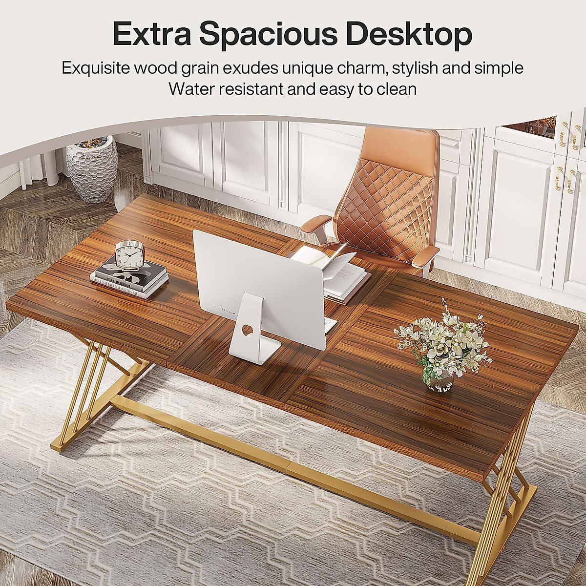 Tribesigns 63" x 31.5" Large Computer Desk, Modern Wood Home Office Desk, Computer Table Executive Desk, Study Writing Table Workstation for Living Room Bedroom Office, Brown + Gold Metal Frame