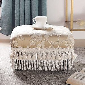 Jennifer Taylor Home Fiona Accent Footstool Ottoman, Champagne Beige Floral Jacquard with Ivory Trim