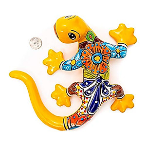 Enchanted Talavera Pottery Hand Painted Mexican Ceramic Garden Creatures Gecko Salamander Frog Butterfly Dragonfly Animals Butterflies Reptiles Wall Décor Art (Medium 10 x 9 Marigold)