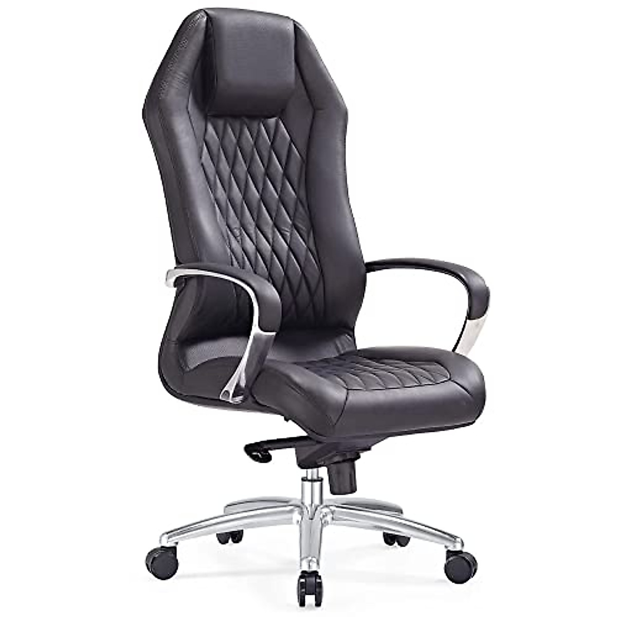 Modern Ergonomic Sterling Genuine Leather Executive Chair with Aluminum Base- Black
