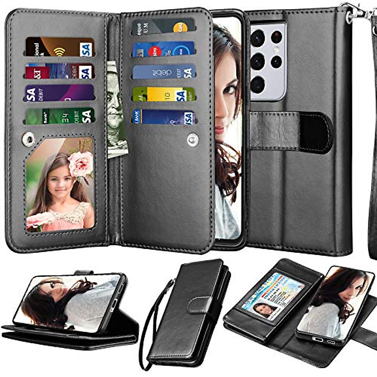 NJJEX Wallet Case for Samsung Galaxy S21 Ultra 5G, for Galaxy S21 Ultra Case 6.8", [9 Card Slots] PU Leather ID Credit Holder Folio Flip [Detachable] Kickstand Magnetic Phone Cover & Lanyard [Black]