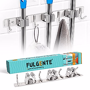 FULGENTE Broom Mop Holder, Wall Mount Storage Cleaning Tools Organizer for Laundry Garage Garden Bath Kitchen, Screw-In Heavy Duty Stainless Steel Utility Rack Hanging Shelf (3 Racks 4 Hooks)