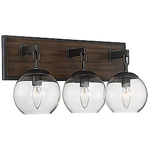 Possini Euro Design Webly Industrial Rustic Wall Light Gunmetal Faux Wood Hardwired 20" 3-Light Fixture Clear Glass Globe Shade for Bedroom Bedside Bathroom Vanity Living Room Hallway Dining House