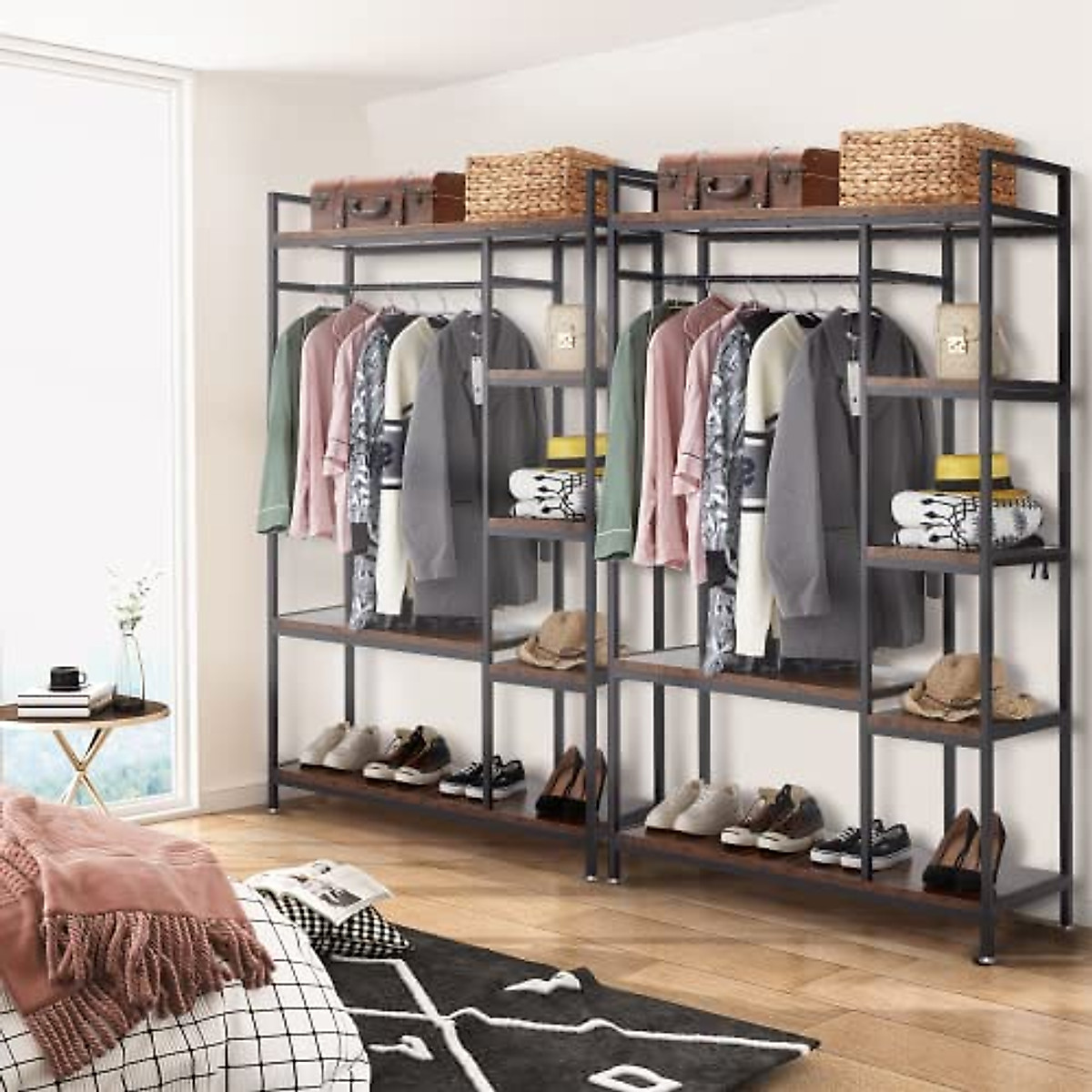 JOMMED Clothing Rack with Shelves Free Standing Closet with Shelves and Hanging Rod, Industrial Clothing Rack for Bedroom