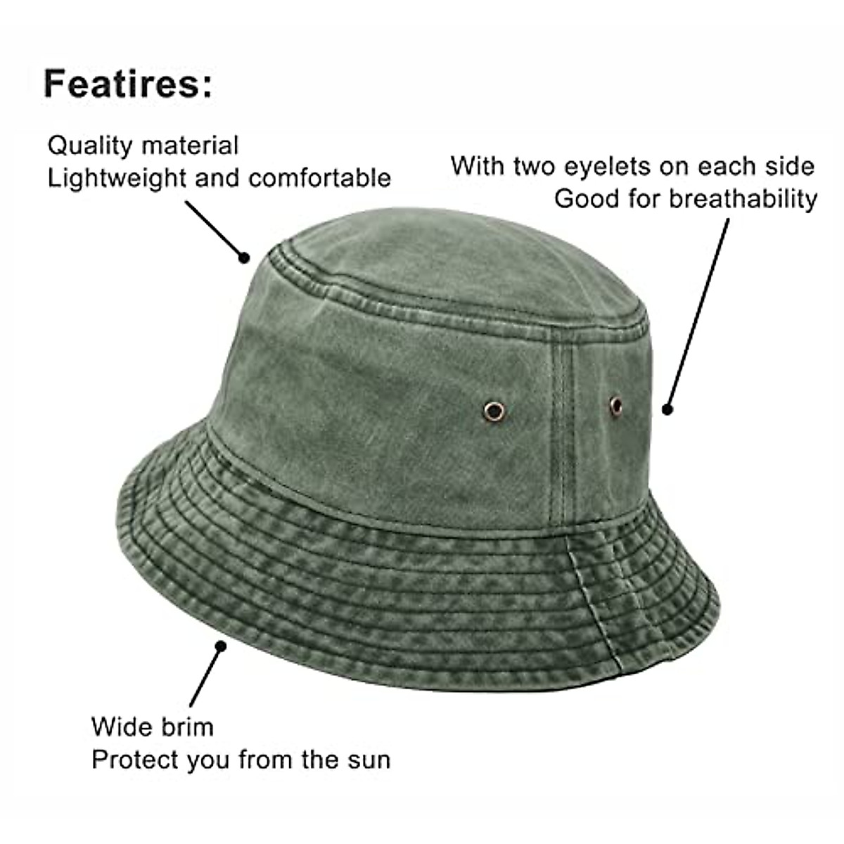 Bucket Hat, Wide Brim Washed Denim Cotton Outdoor Sun Hat Flat Top Cap for Fishing Hiking Beach Sports Army Green