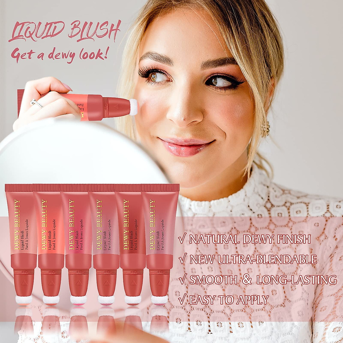LSxia Liquid Blush Makeup Wand, Cream Liquid Blush with Cushion Applicator For Cheeks Tint, Natural-looking, Glow Dewy Finish, Weightless Blendable Liquid Blush Stick | #106 ELEGANT-Soft Pink