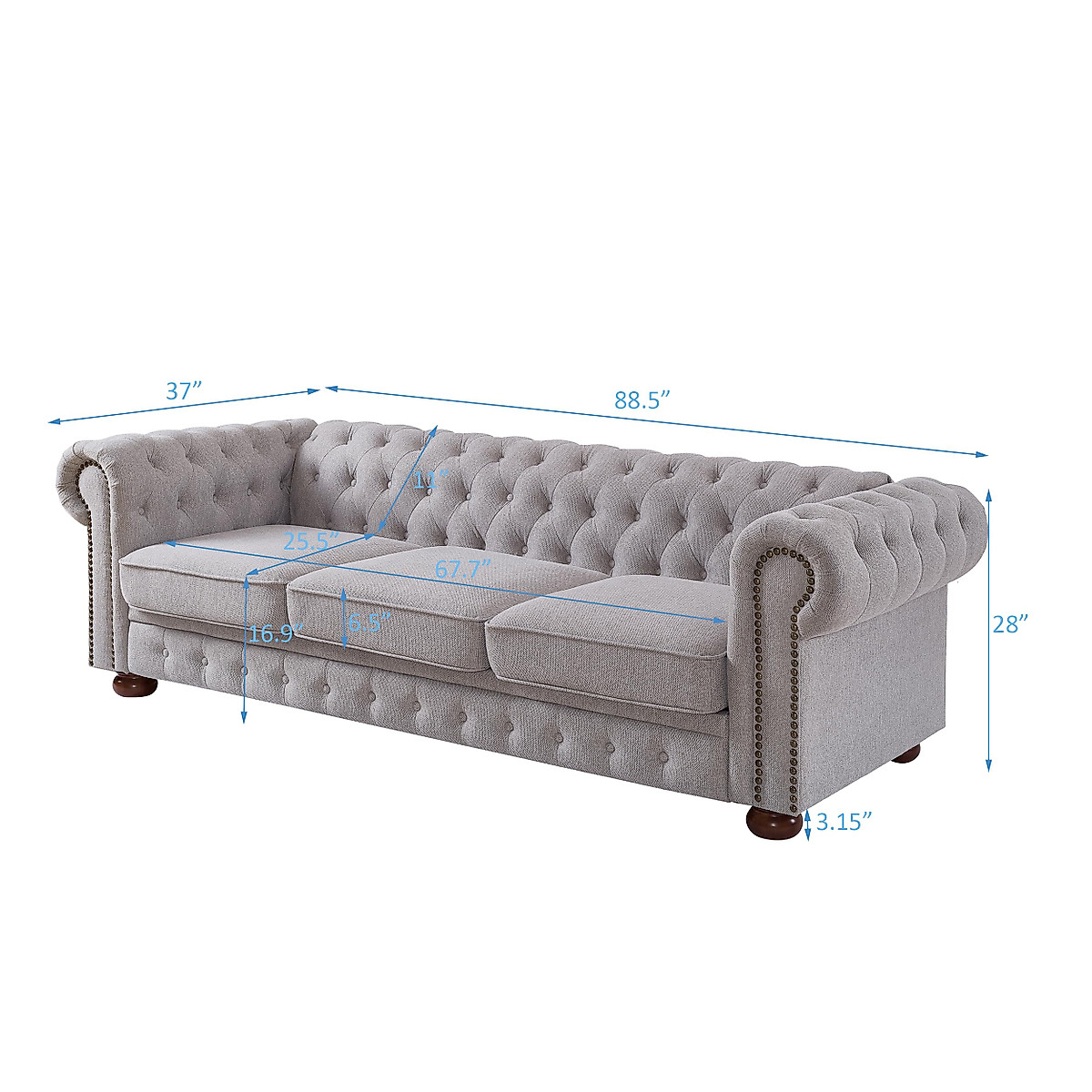 LIADTOP, 3-Seat Chesterfield Sofa with Button Tufted, Nailhead Trim and Solid Wood Legs, Classical Linen Fabric Couch for Living Room, Office, Light Grey