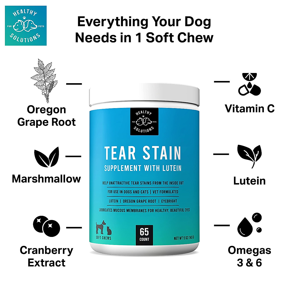 Tear Stain Remover for Dogs Plus Lutein - Supplement for White Dogs & All Other Dog Breeds - Eliminates Unsightly Eye Tear Stains for Dogs & Cats - 65 Soft Chews Enhanced with Cranberry Extract