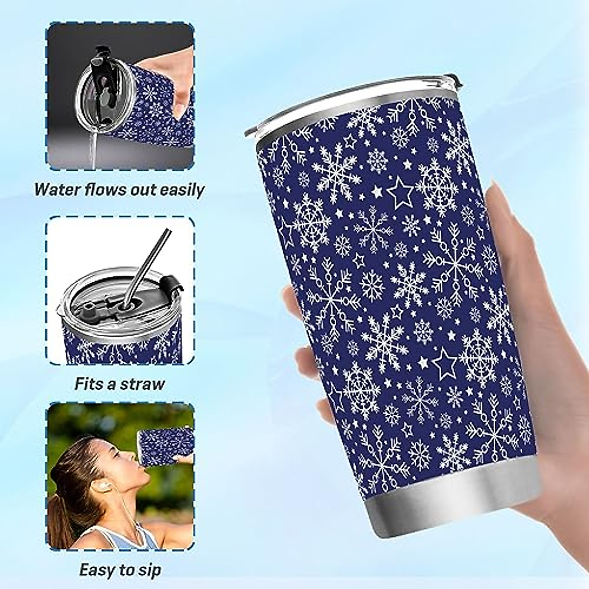 Jihqo Blue Christmas Snowflakes Tumbler with Lid and Straw, Insulated Stainless Steel Tumbler Cup, Double Walled Travel Coffee Mug Thermal Vacuum Cups for Hot & Cold Drinks 20oz